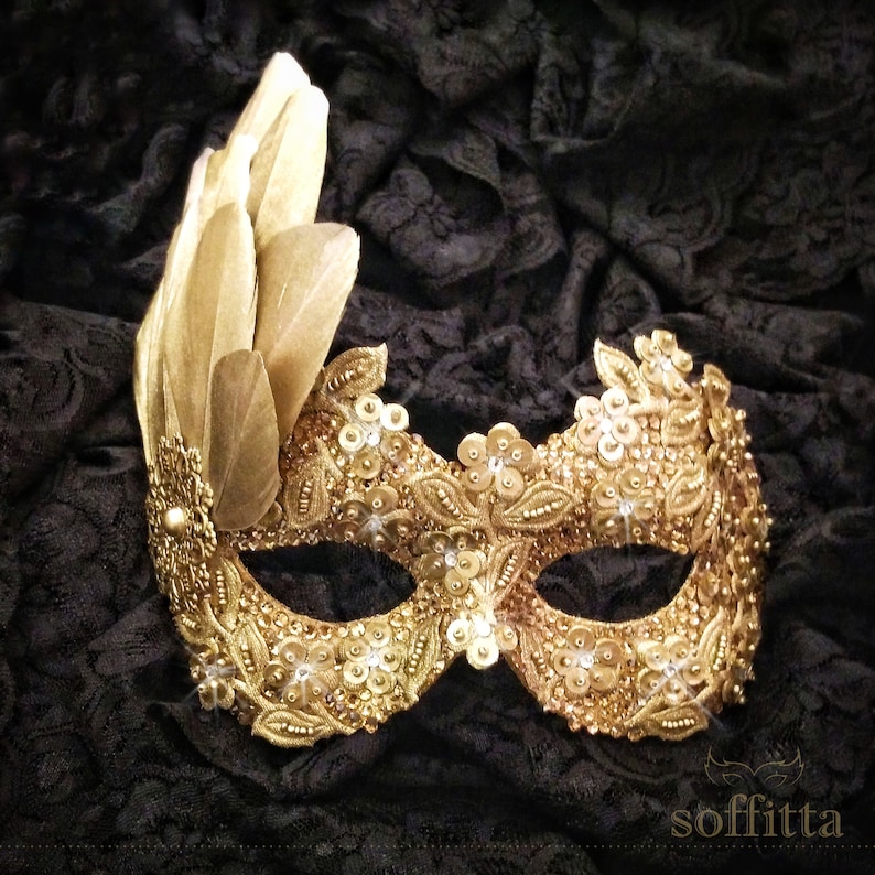 Sequined Gold Masquerade Mask With Rhinestones & Feathers - Embellished ...