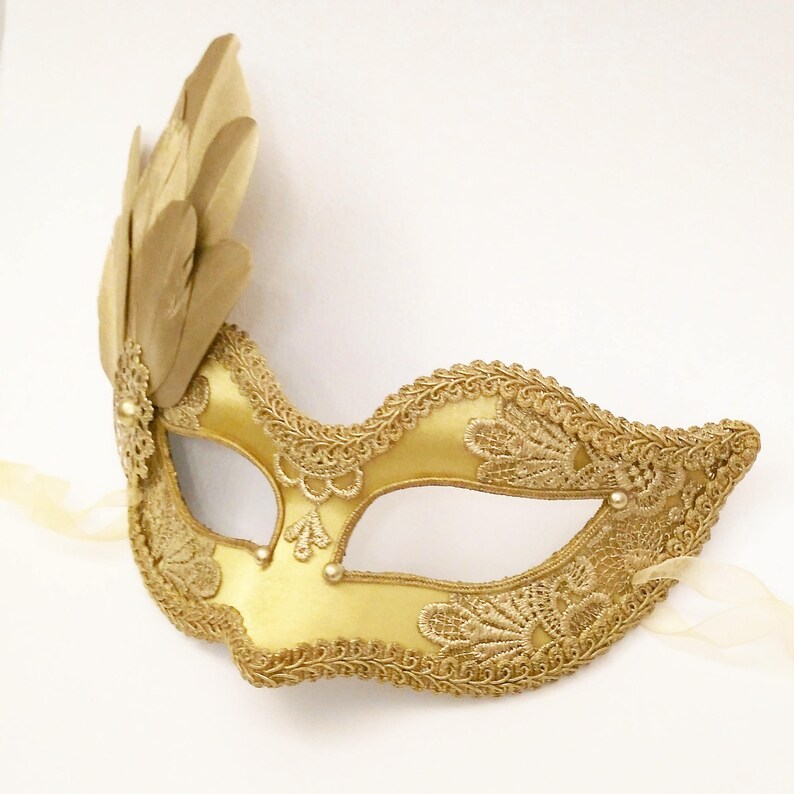 Gold Embroidery Masquerade Mask With Gold Feathers Venetian | Etsy