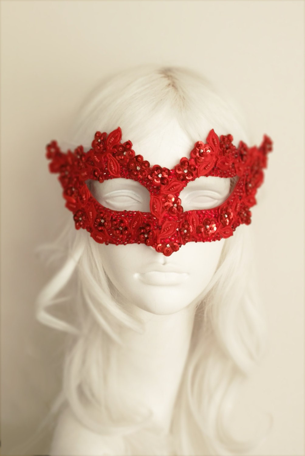 Sequined Red Masquerade Mask With Rhinestones and Embroidery ...
