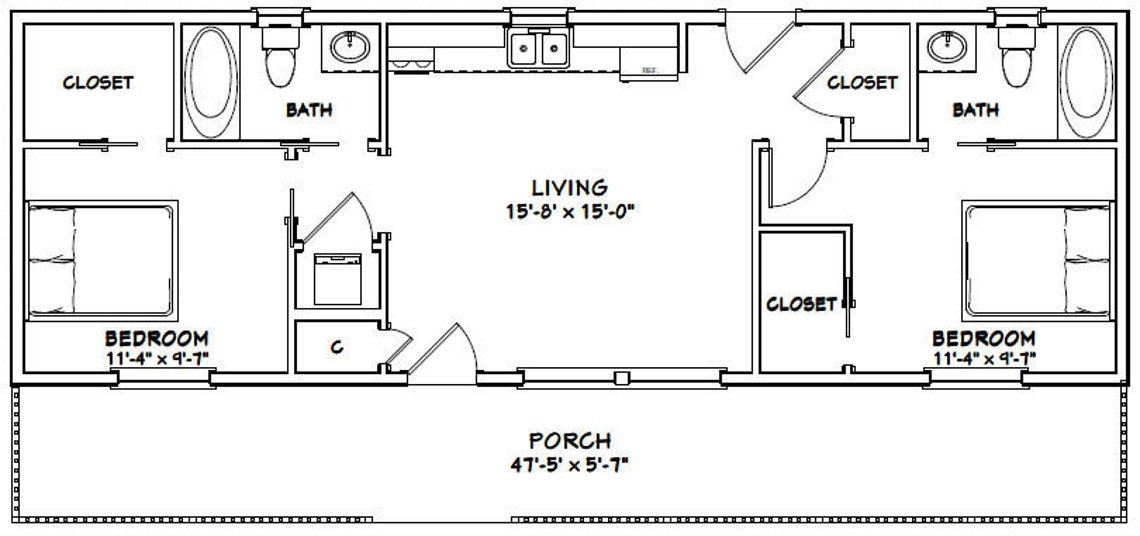 48x16 House -- 2-bedroom 2-bath -- 768 Sq Ft -- PDF Floor Plan ...