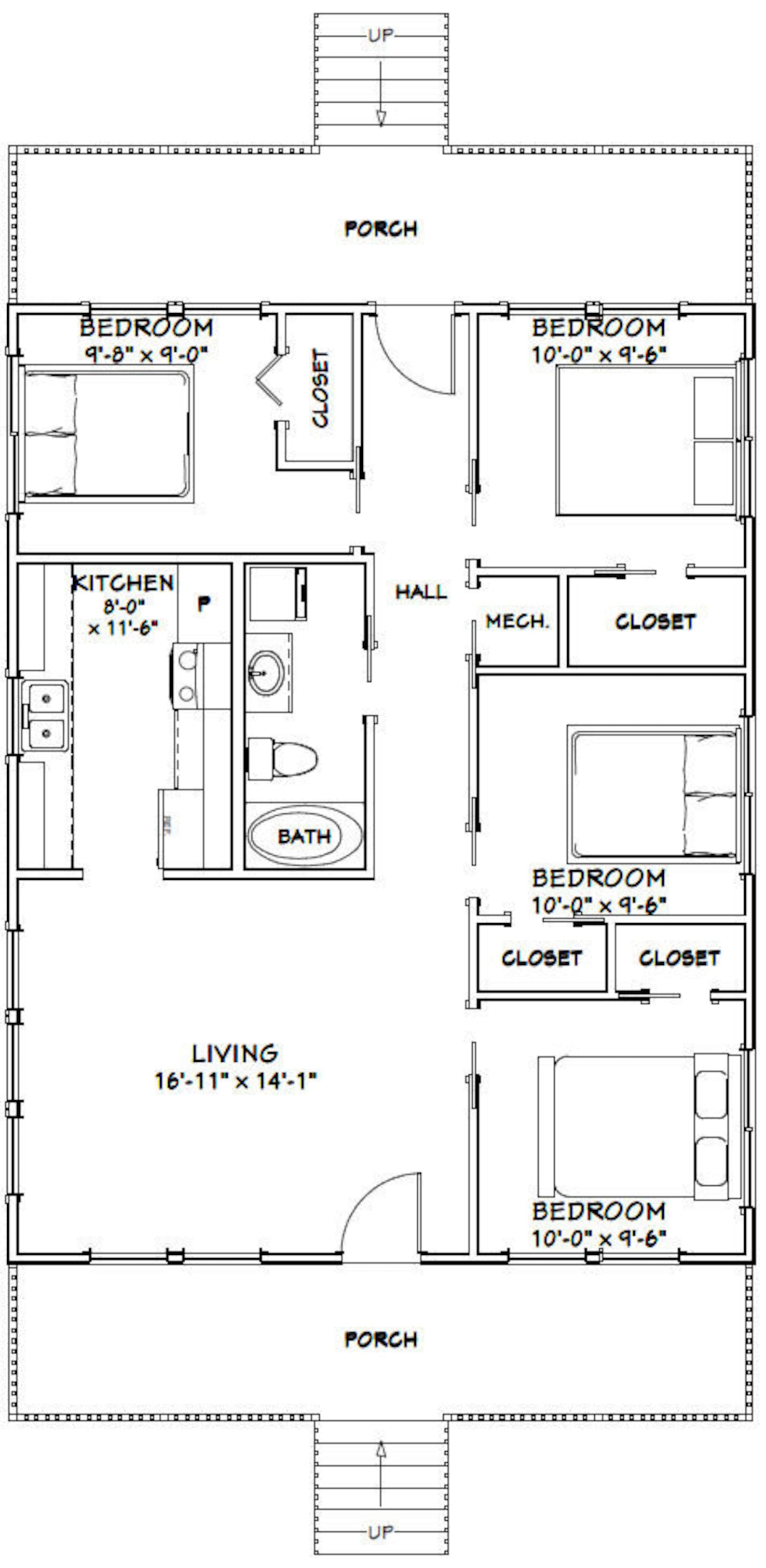 28x36 House -- 4-bedroom 1-bath -- 1,008 Sq Ft -- PDF Floor Plan ...