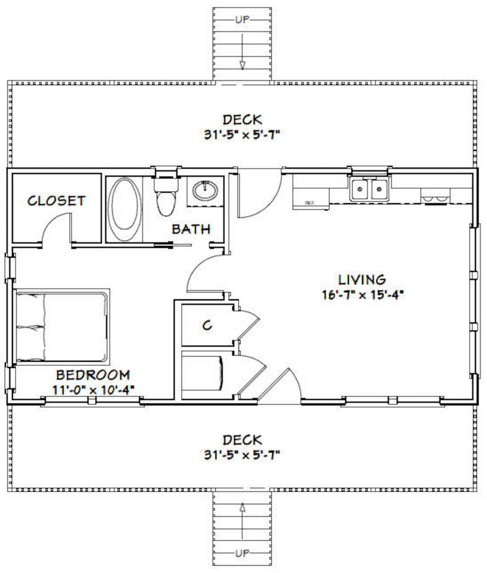 32x16 House 1-bedroom 1-bath 512 Sq Ft PDF Floor Plan - Etsy