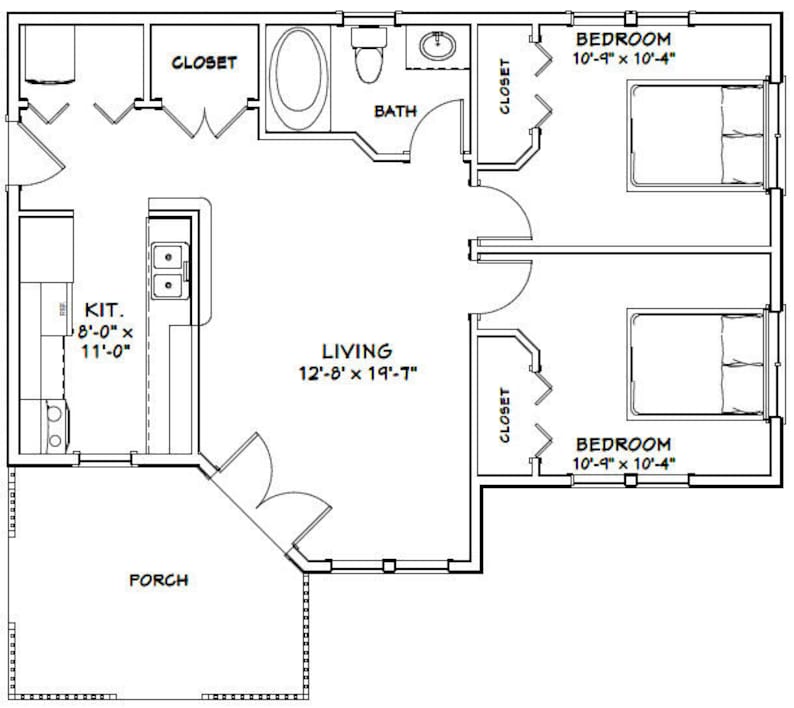 36x26 House 2-bedroom 1-bath 820 Sq Ft PDF Floor Plan Instant Download ...