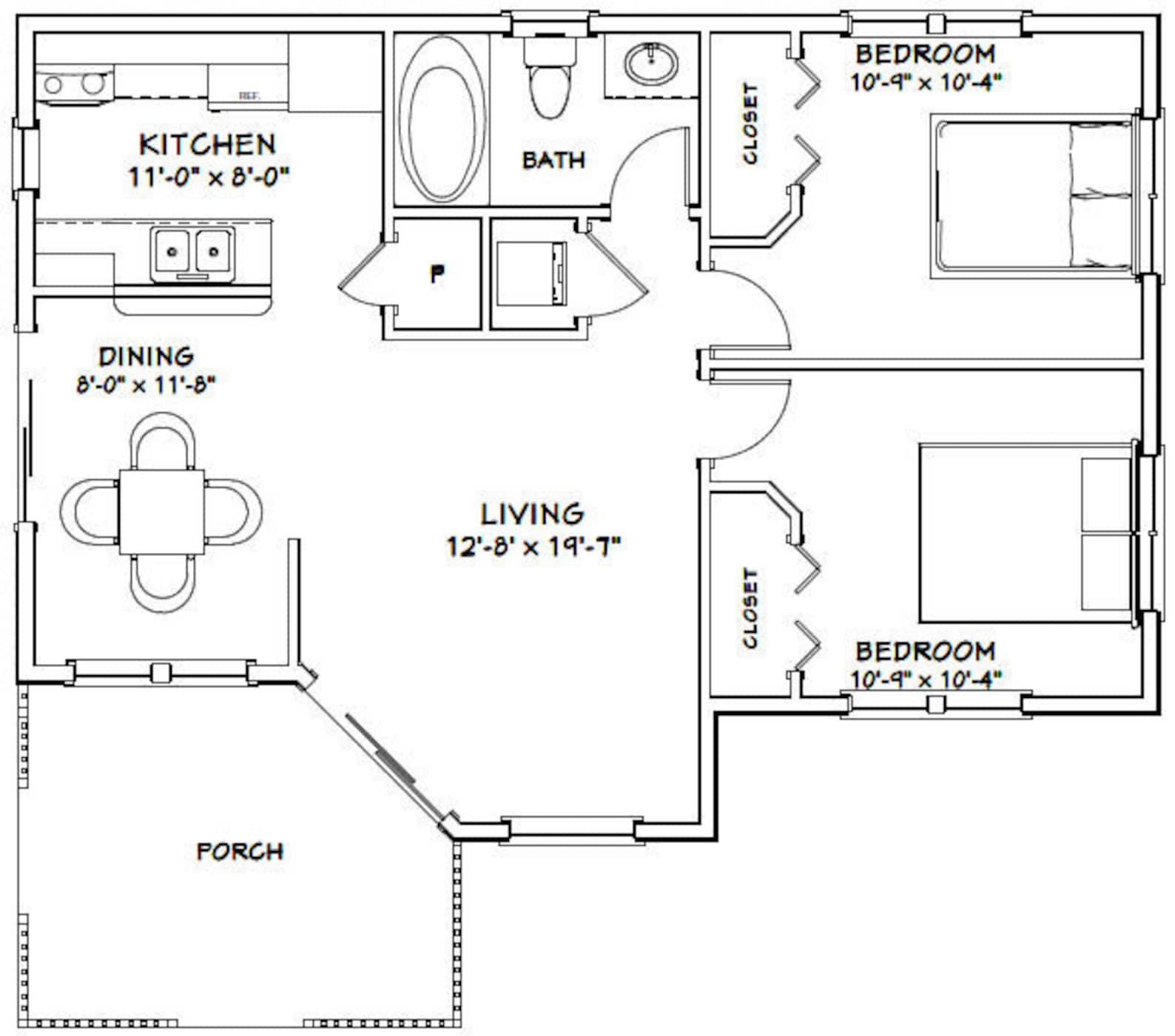 36x26 House 2-bedroom 1-bath 820 Sq Ft PDF Floor Plan Instant Download ...