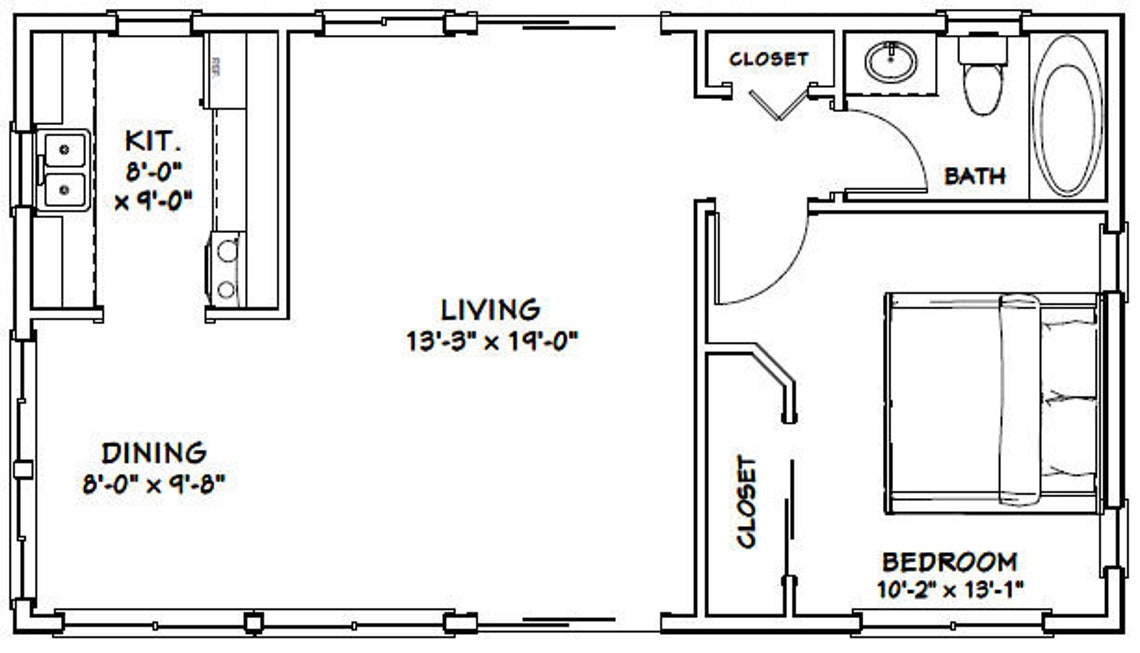 36x20 House 1-bedroom 1-bath 720 Sq Ft PDF Floor Plan - Etsy