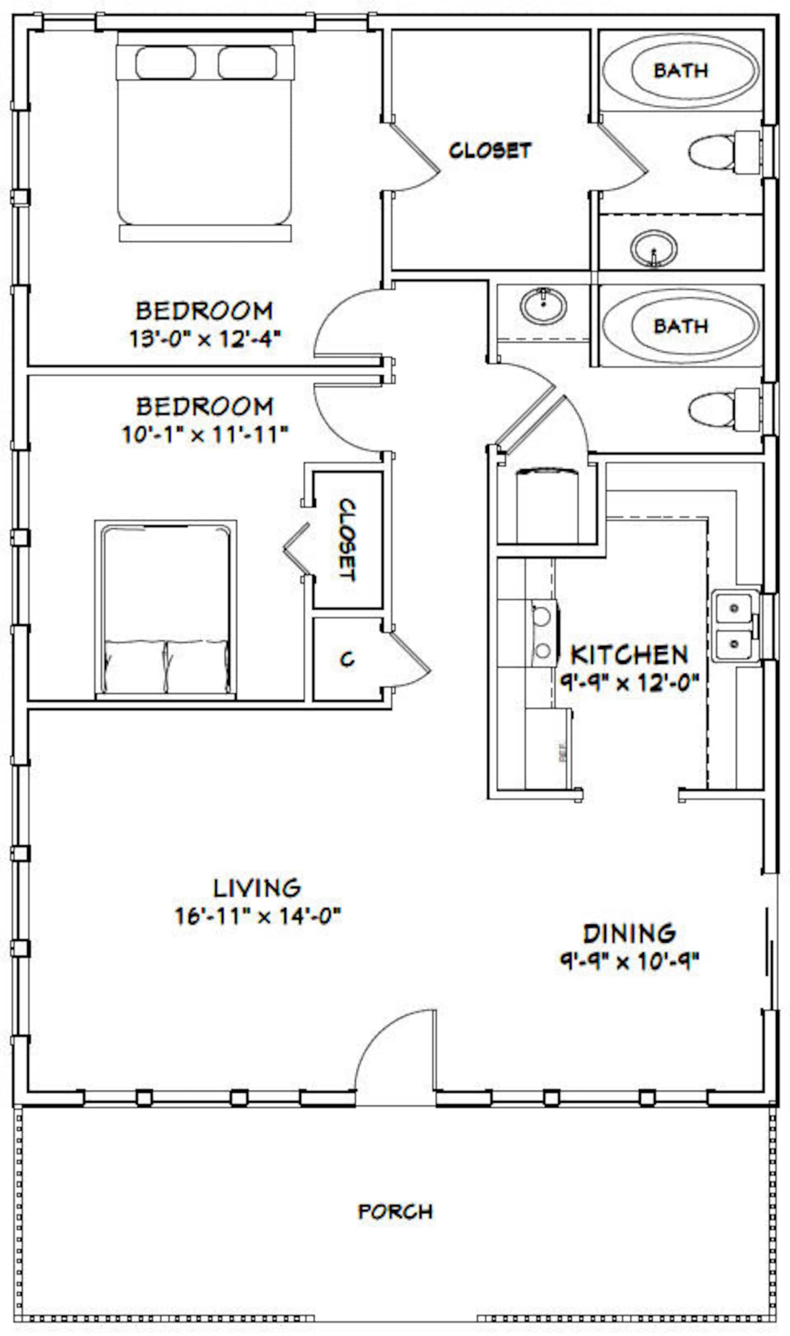 28x40 House -- 2-bedroom 2-bath -- 1,120 Sq Ft -- PDF Floor Plan ...