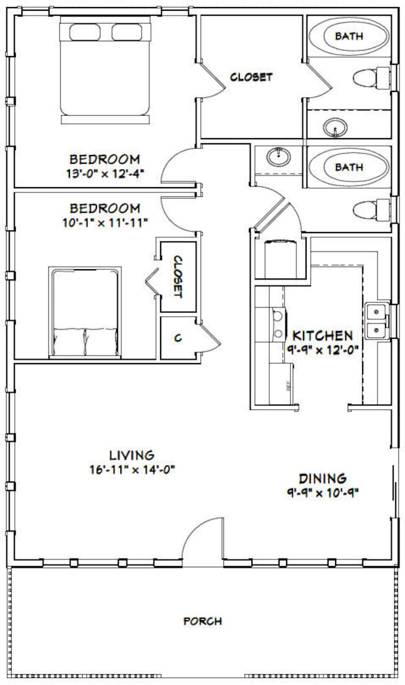 28x40 House -- 2-bedroom 2-bath -- 1,120 Sq Ft -- PDF Floor Plan ...