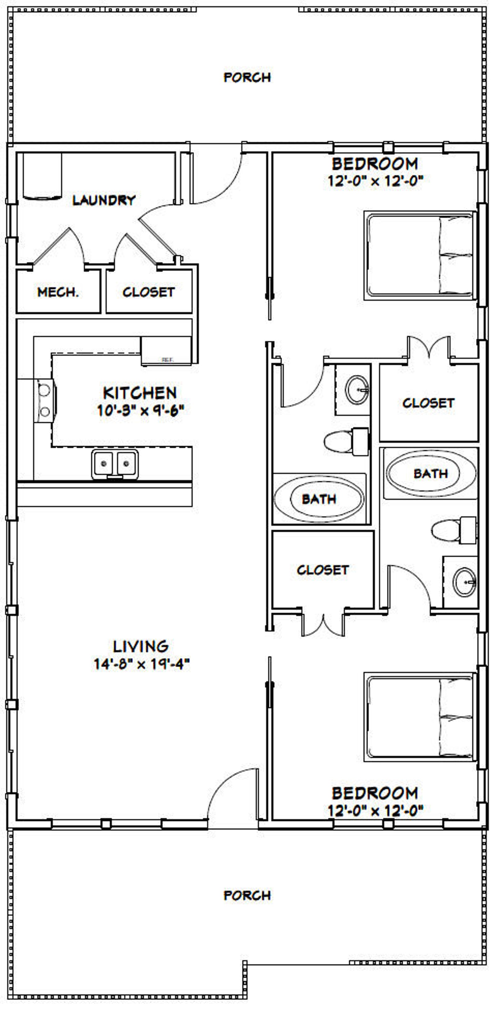 28x40 House -- 2-bedroom 2-bath -- 1,120 Sq Ft -- PDF Floor Plan ...