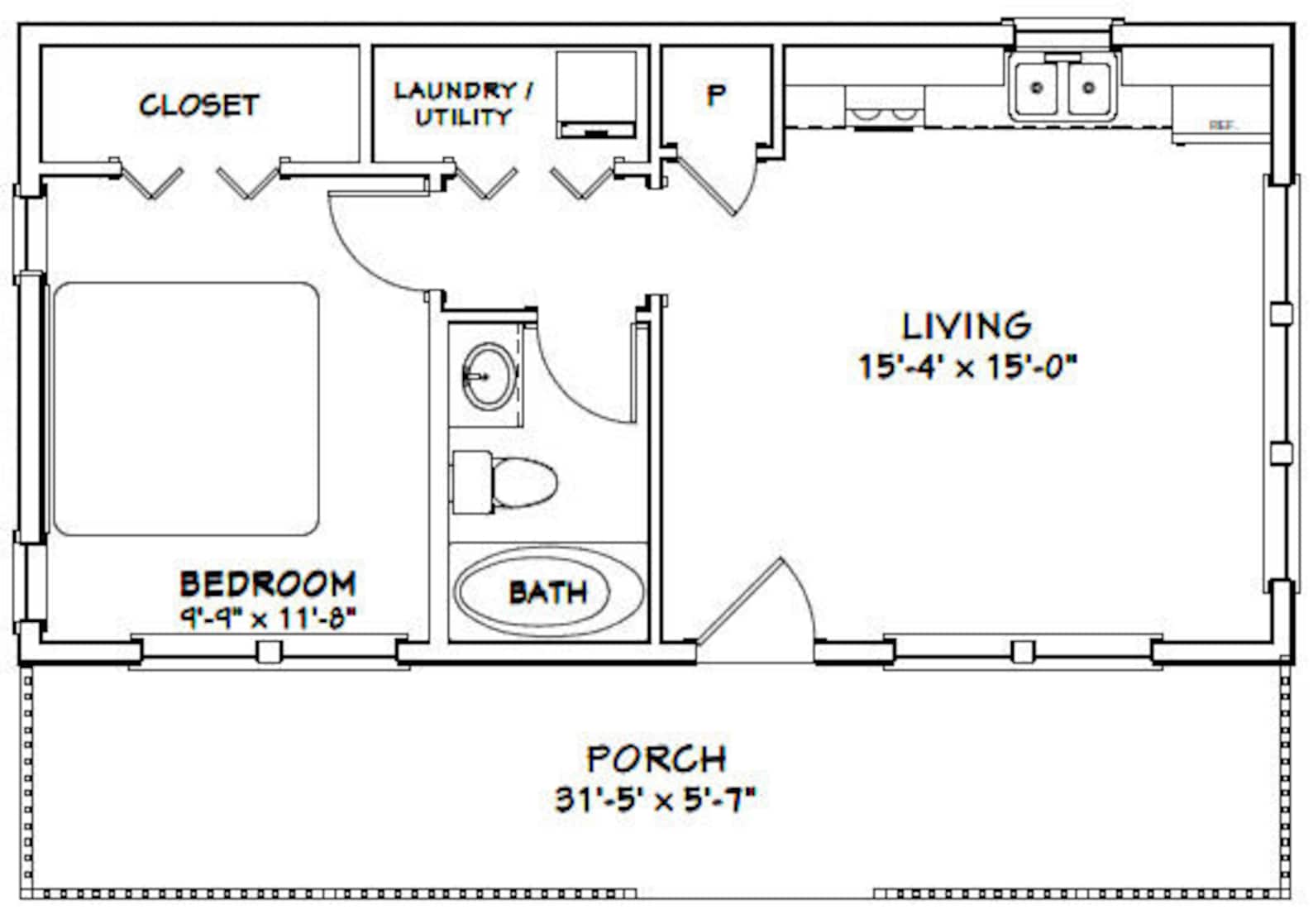 32x16 House -- 1-bedroom 1-bath -- 512 Sq Ft -- PDF Floor Plan ...