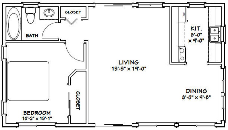36x20 House -- 1-bedroom 1-bath -- 720 Sq Ft -- PDF Floor Plan ...