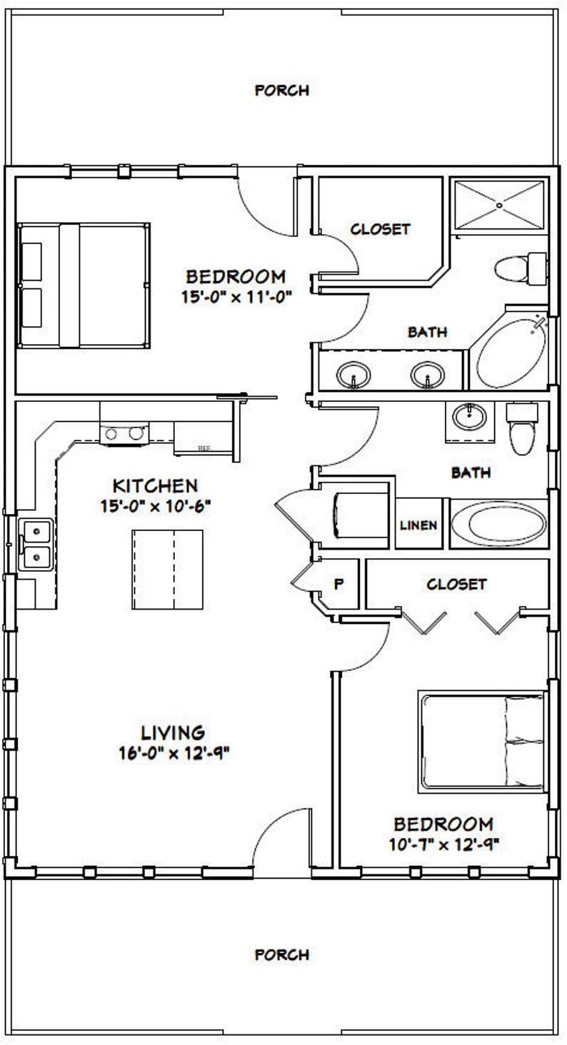 28x36 House -- 2-bedroom 2-bath -- 1,008 Sq Ft -- PDF Floor Plan ...