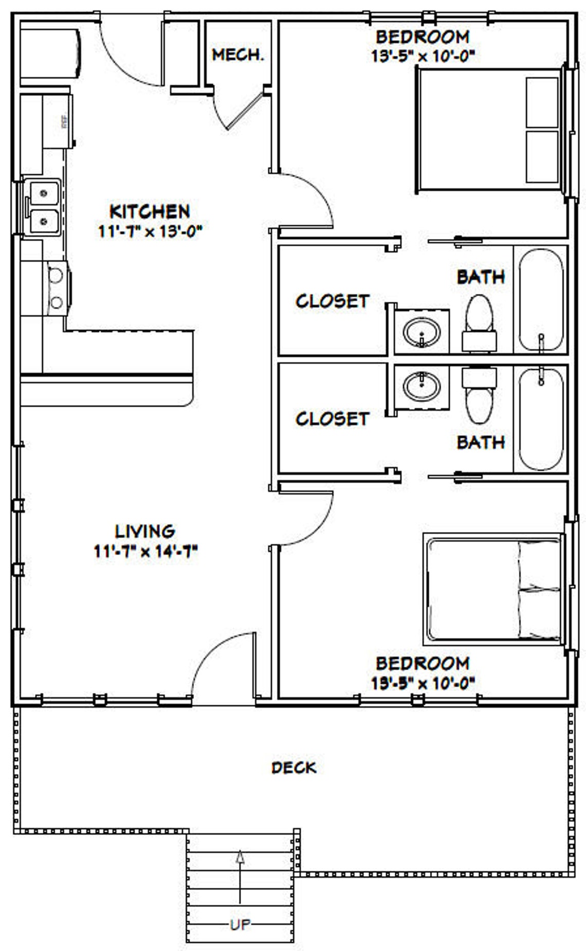 26x32 House 2-bedroom 2-bath 832 Sq Ft PDF Floor Plan - Etsy Canada