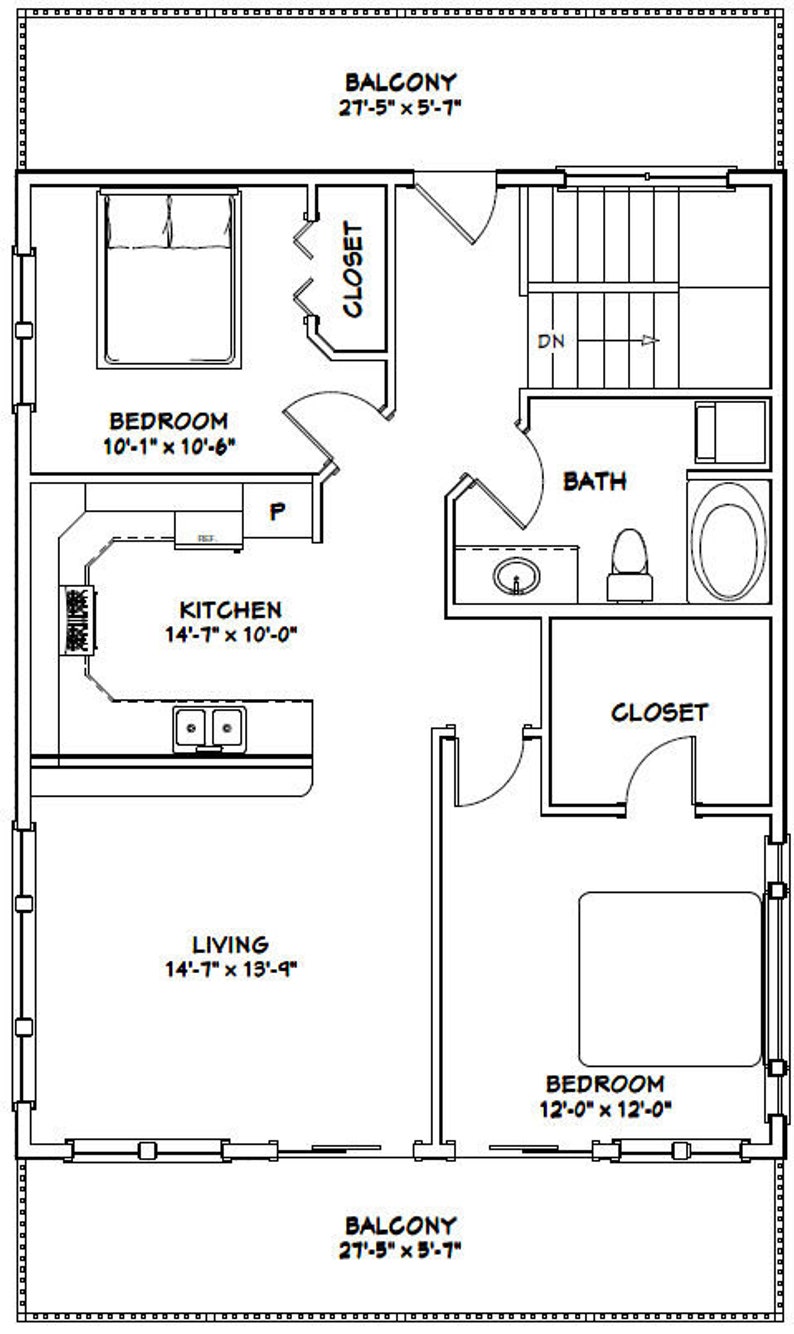 28x36 House -- 2-bedroom 1.5-bath -- 1,170 Sq Ft -- PDF Floor Plan ...