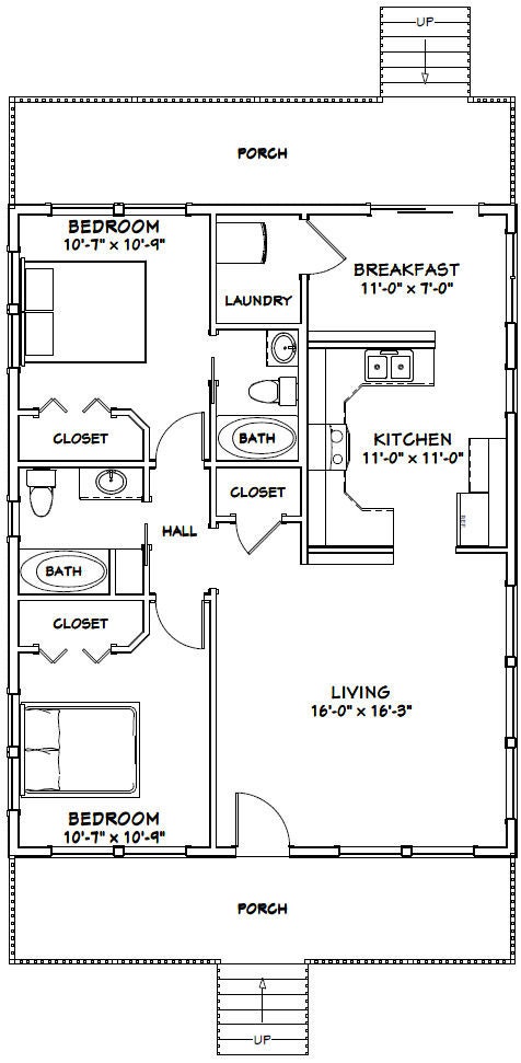 28x36 House -- 2-bedroom 2-bath -- 1,008 Sq Ft -- PDF Floor Plan ...