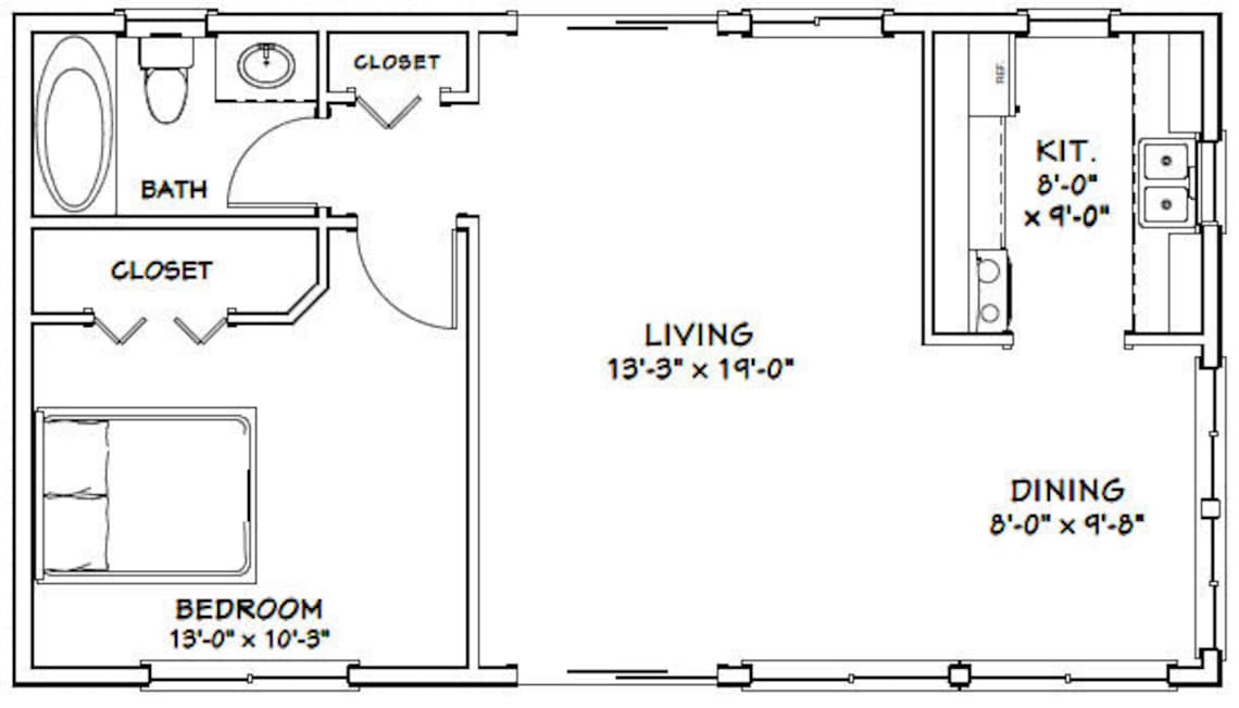 36x20 House 1-bedroom 1-bath 720 Sq Ft PDF Floor Plan Instant Download ...