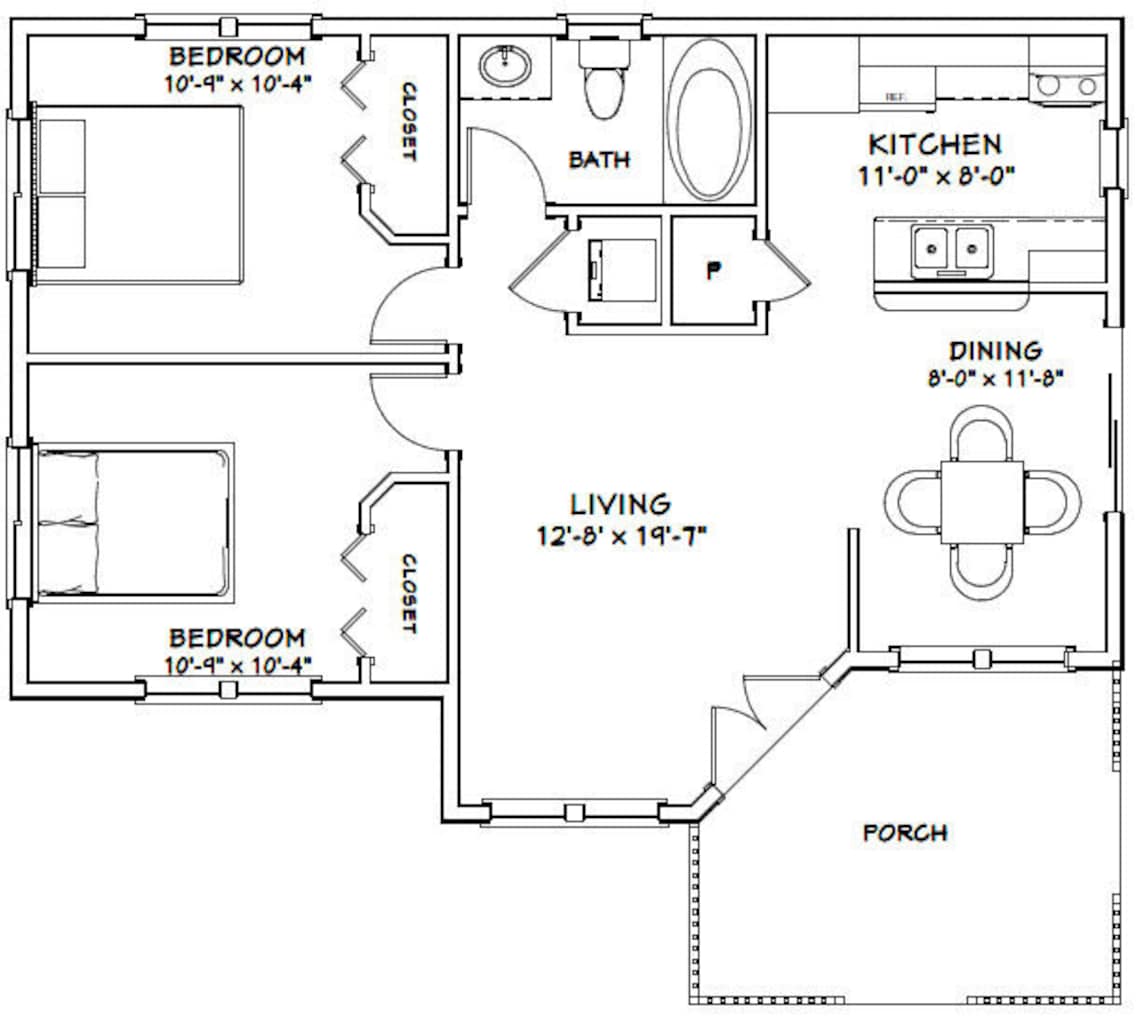 36x26 House 2-bedroom 1-bath 820 Sq Ft PDF Floor Plan Instant Download ...