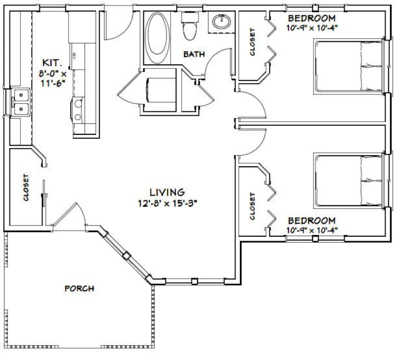 36x26 House 2-bedroom 1-bath 820 Sq Ft PDF Floor Plan - Etsy