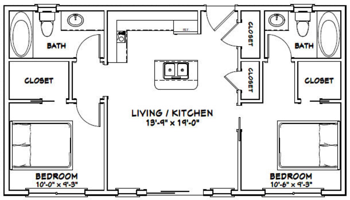 36x20 House 2-bedroom 2-bath 720 Sq Ft PDF Floor Plan | Etsy