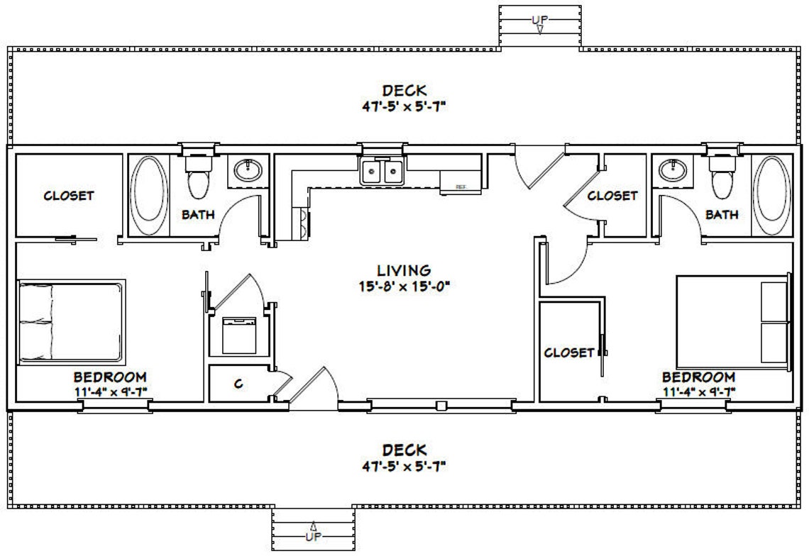 48x16 House 2-bedroom 2-bath 768 Sq Ft PDF Floor Plan Instant Download ...