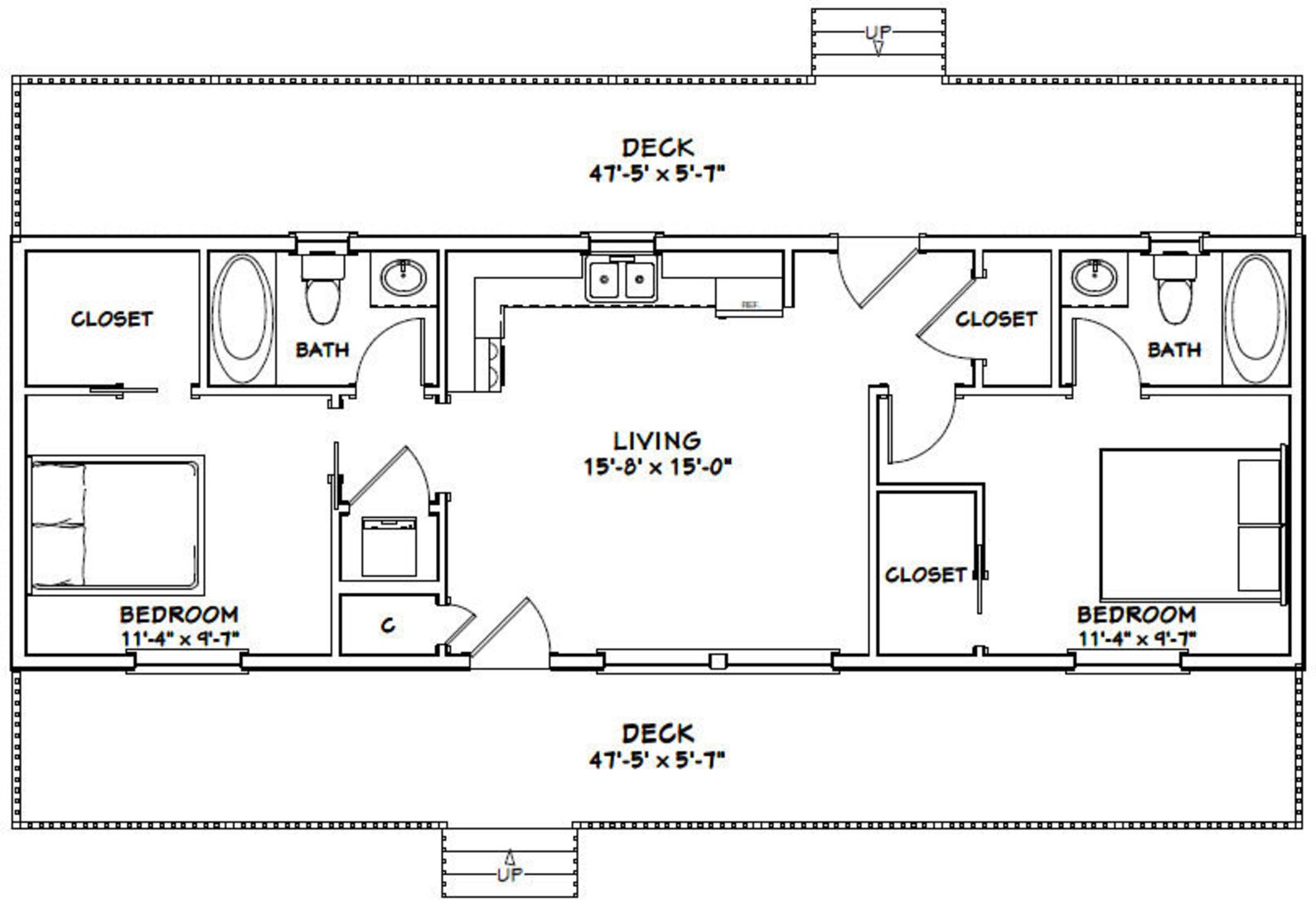48x16 House -- 2-bedroom 2-bath -- 768 Sq Ft -- PDF Floor Plan ...