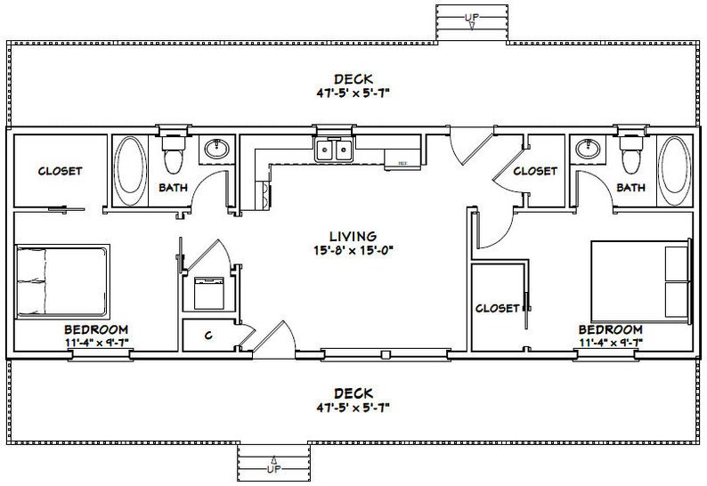 48x16 House -- 2-bedroom 2-bath -- 768 Sq Ft -- PDF Floor Plan ...
