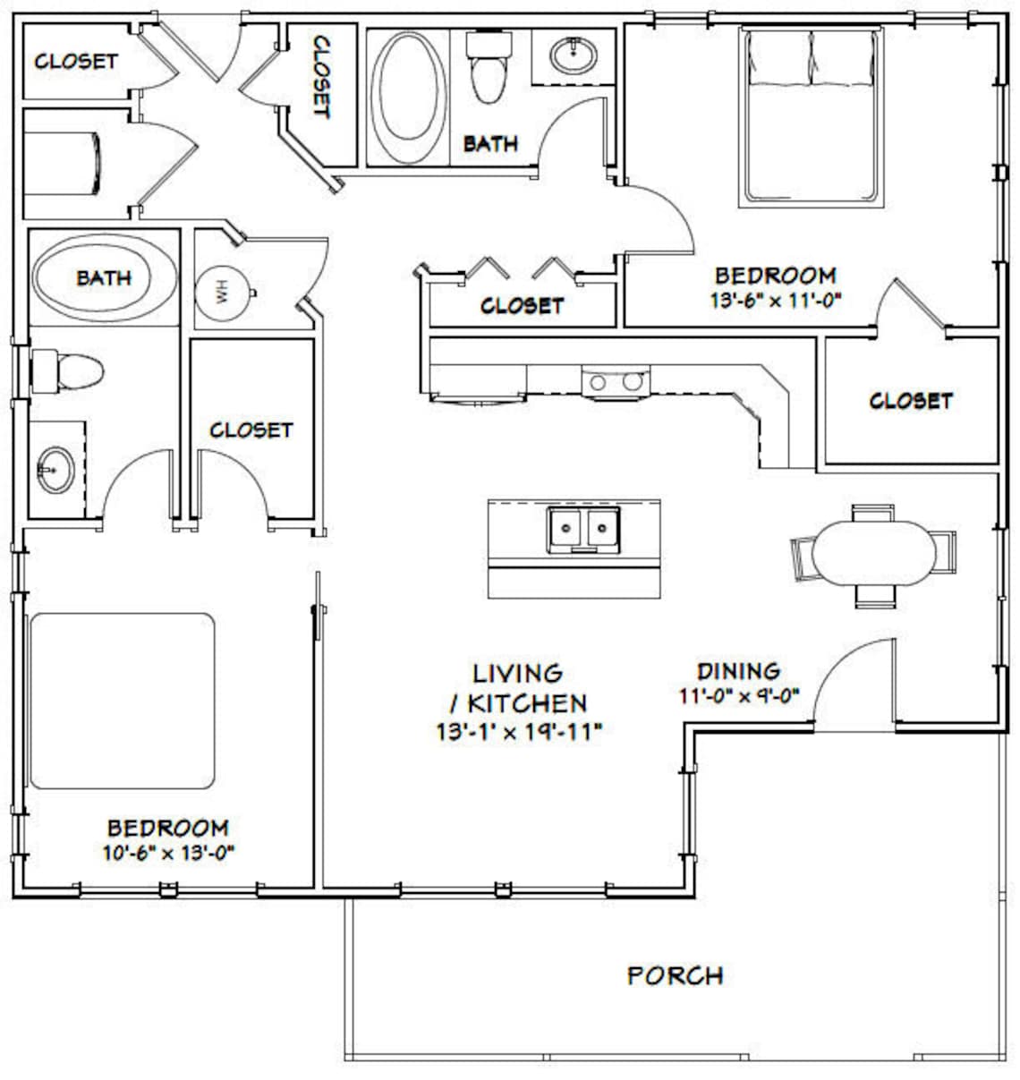 36x32 House -- 2-bedroom 2-bath -- 1,082 Sq Ft -- PDF Floor Plan ...