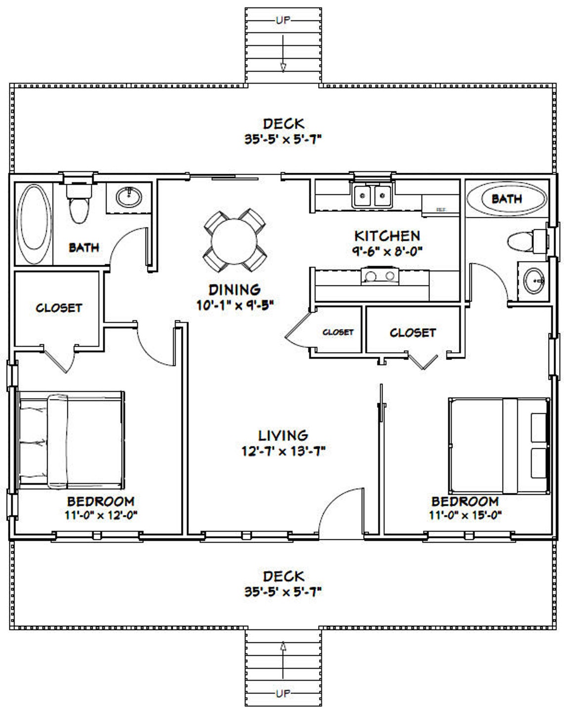 36x24 House -- 2-bedroom 2-bath -- 864 Sq Ft -- PDF Floor Plan ...