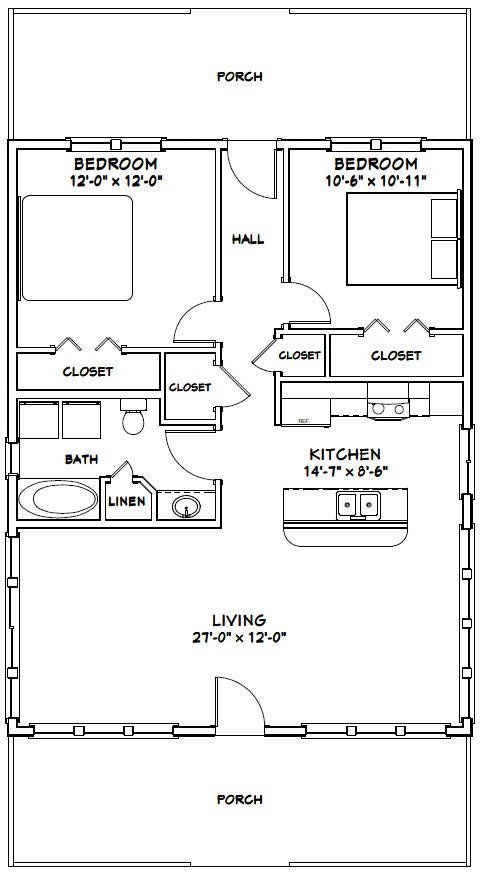 28x36 House -- 2-bedroom 1-bath -- 1,008 Sq Ft -- PDF Floor Plan ...