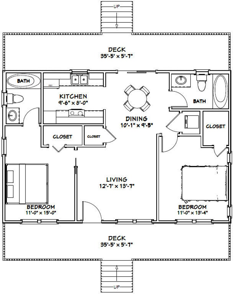 36x24 House -- 2-bedroom 2-bath -- 864 Sq Ft -- PDF Floor Plan ...
