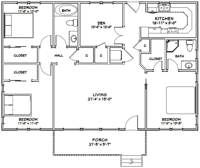 46x30 House 3-bedroom 2-bath 1,380 Sq Ft PDF Floor Plan Instant ...