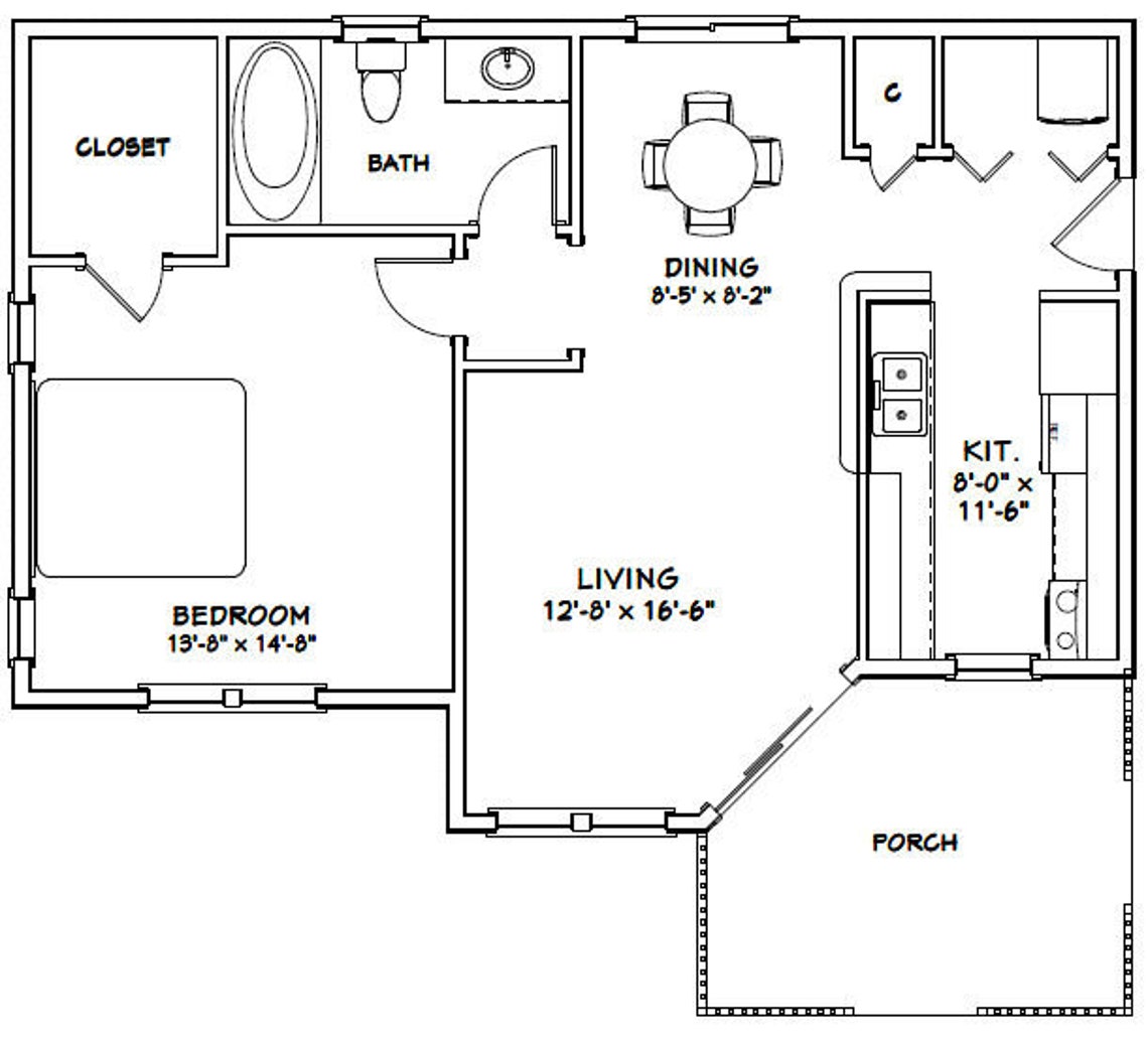 36x26 House 1-bedroom 1-bath 820 Sq Ft PDF Floor Plan Instant Download ...