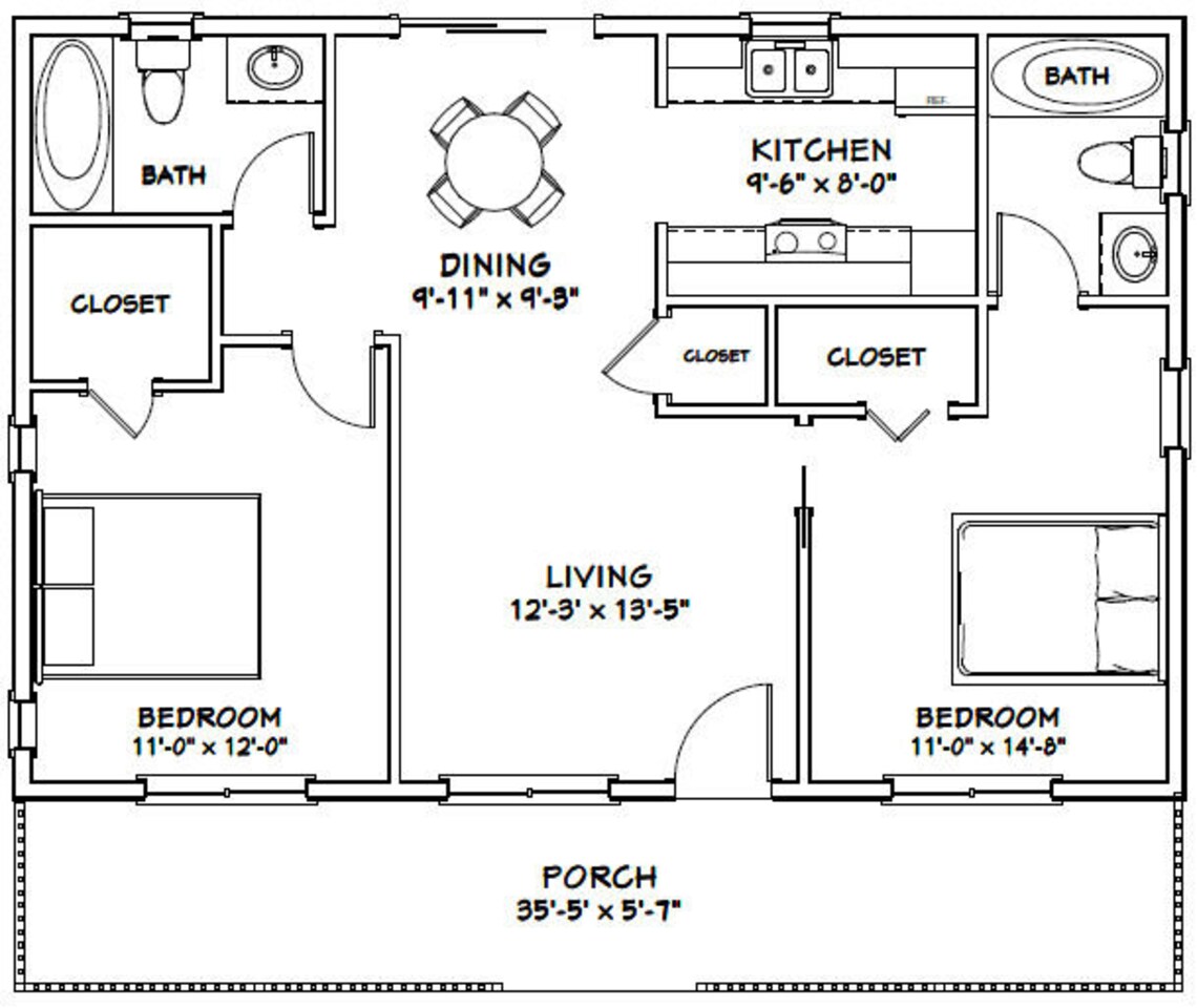 36x24 House 2-Bedroom 2-Bath 864 sq ft PDF Floor Plan | Etsy