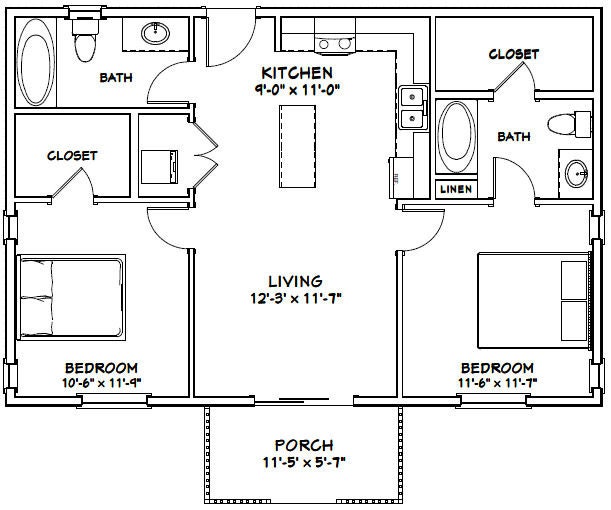36x24 House -- 2-bedroom 2-bath -- 864 Sq Ft -- PDF Floor Plan ...