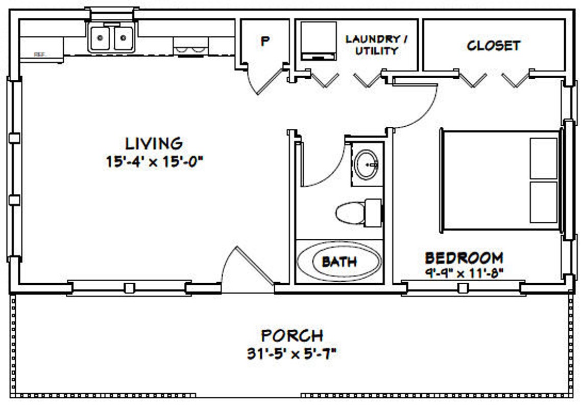 32x16 House -- 1-bedroom 1-bath -- 512 Sq Ft -- PDF Floor Plan ...