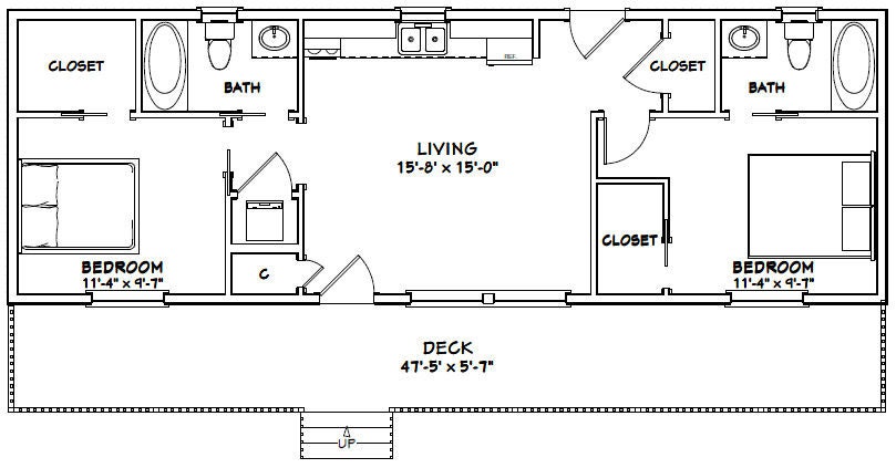 48x16 House -- 2-bedroom 2-bath -- 768 Sq Ft -- PDF Floor Plan ...