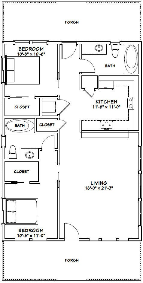 28x40 House -- 2-bedroom 2-bath -- 1,120 Sq Ft -- PDF Floor Plan ...