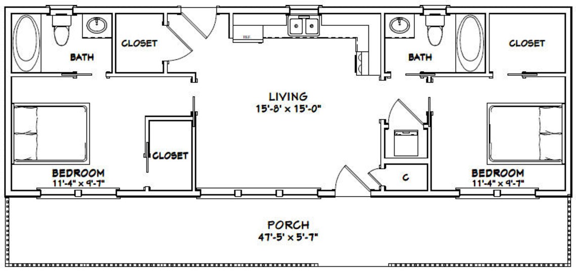 48x16 House 2-bedroom 2-bath 768 Sq Ft PDF Floor Plan Instant Download ...