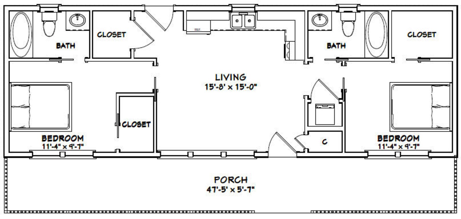 48x16 House -- 2-bedroom 2-bath -- 768 Sq Ft -- PDF Floor Plan ...
