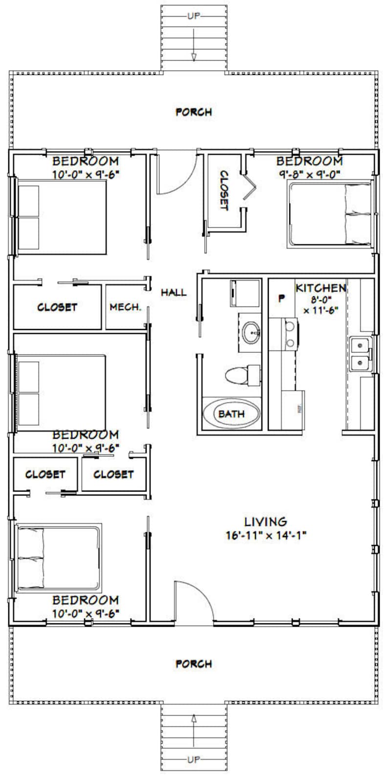 28x36 House -- 4-bedroom 1-bath -- 1,008 Sq Ft -- PDF Floor Plan ...