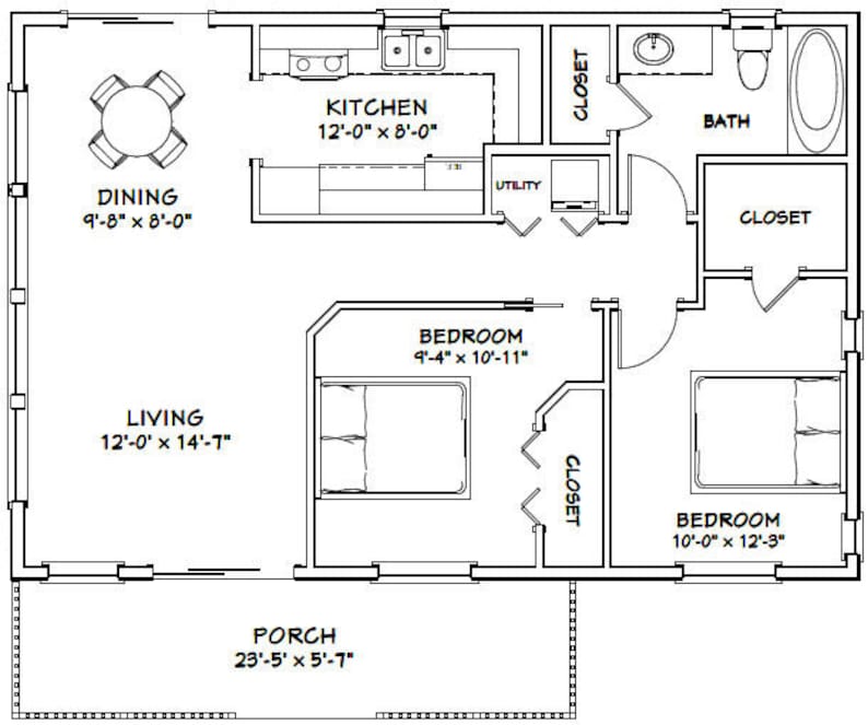 36x24 House -- 2-bedroom 1-bath -- 864 Sq Ft -- PDF Floor Plan ...