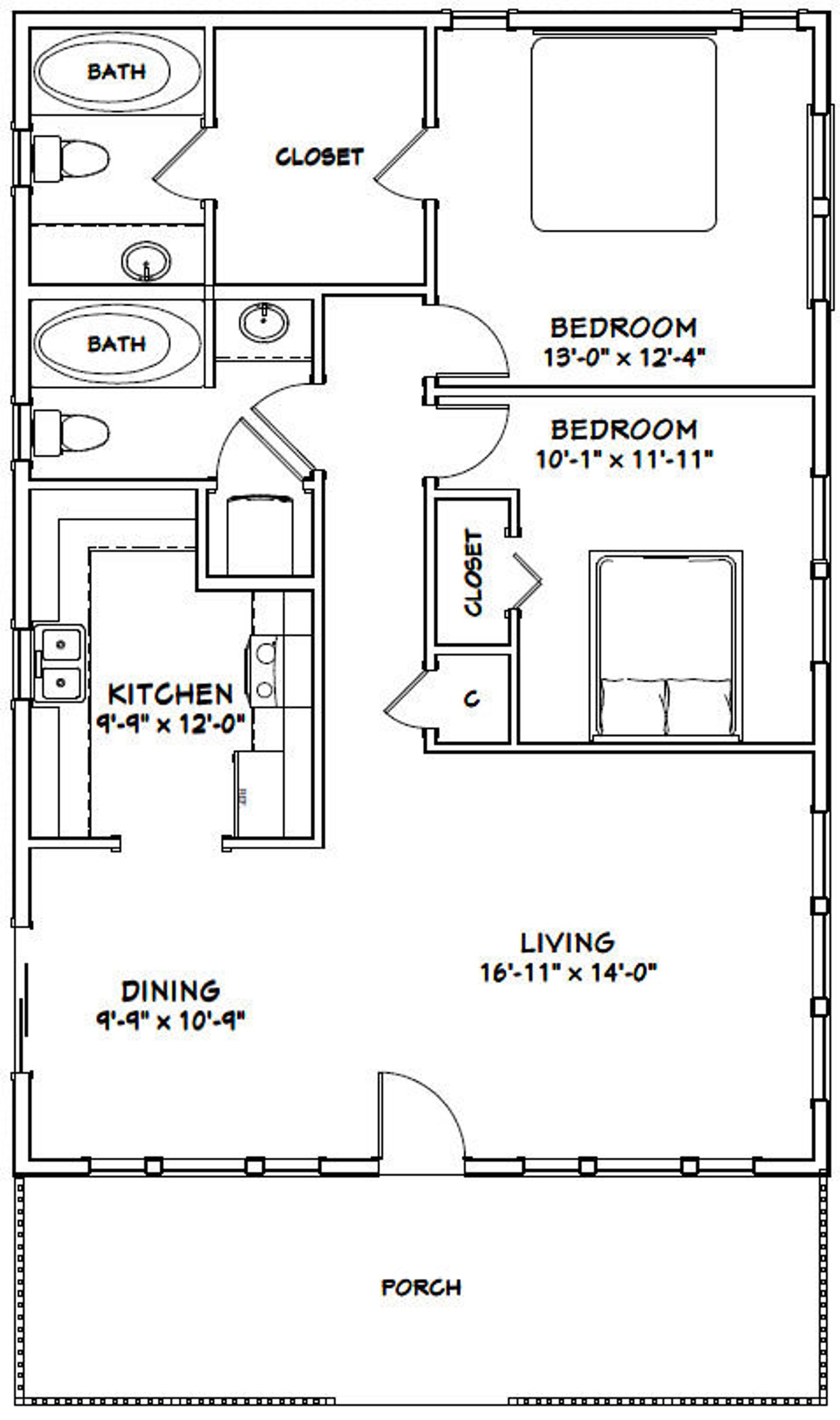 28x40 House -- 2-bedroom 2-bath -- 1,120 Sq Ft -- PDF Floor Plan ...