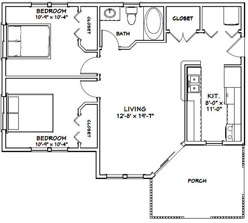 36x26 House 2-bedroom 1-bath 820 Sq Ft PDF Floor Plan Instant Download ...