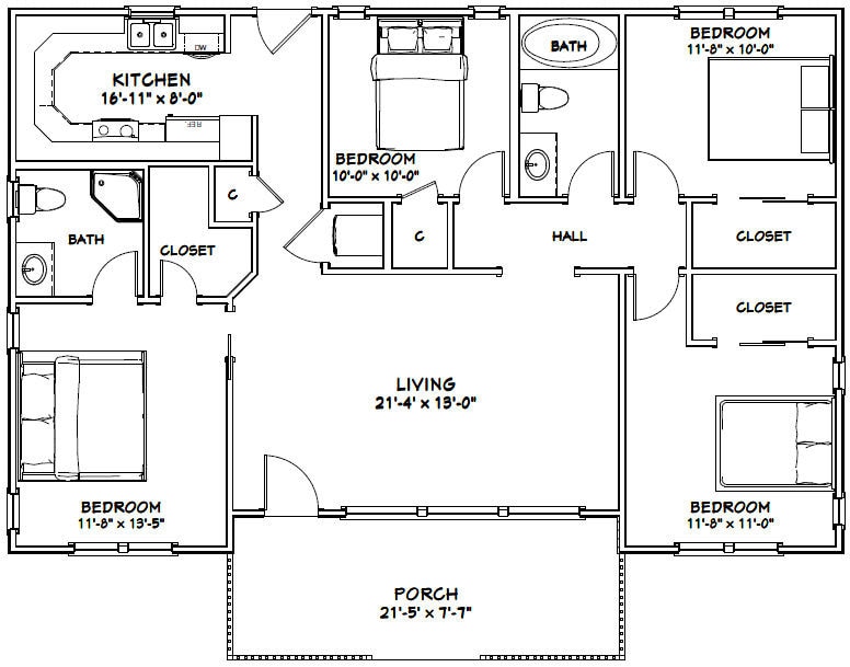 46x30 House -- 4-bedroom 2-bath -- 1,338 Sq Ft -- PDF Floor Plan ...