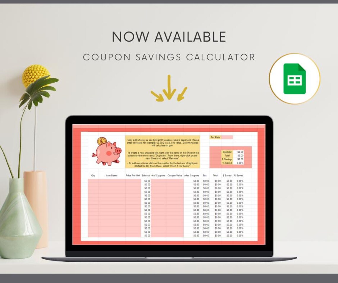 Coupon Savings Calculator Spreadsheet Google Sheets Excel Budget ...