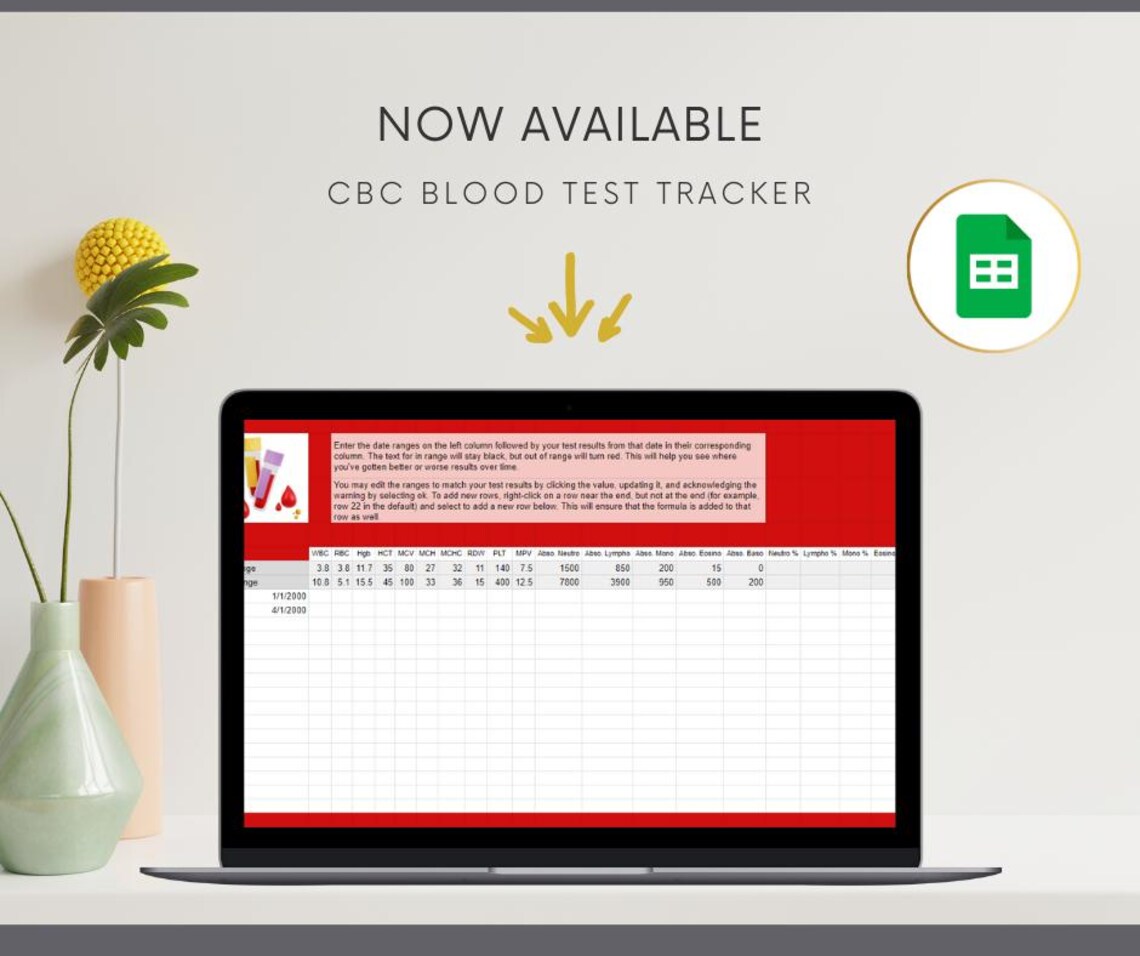 CBC Blood Test Tracker Health Lab Work Results Log Google Sheets Excel ...