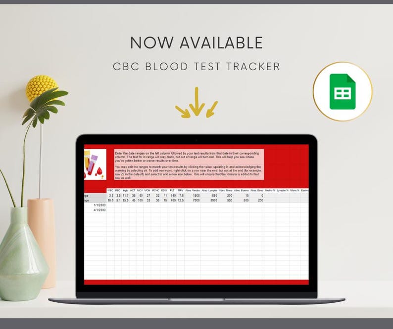 CBC Blood Test Tracker Health Lab Work Results Log Google Sheets Excel ...