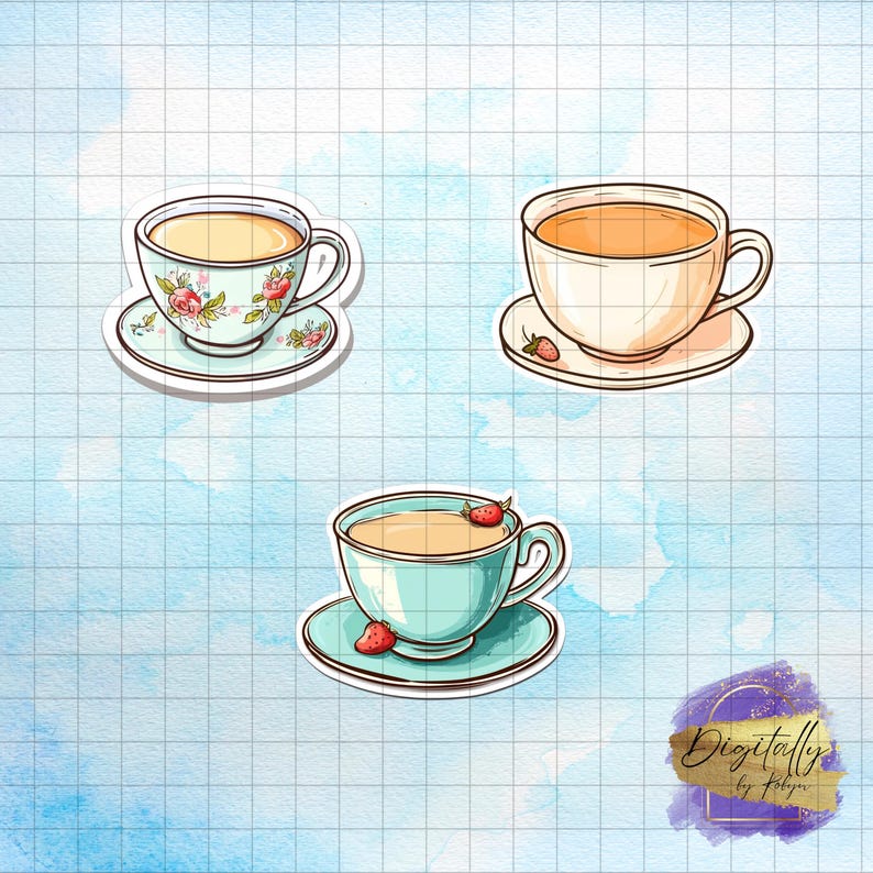 9 Pretty Teacup Sticker Clip Art, Cute Floral Tea Cup Digital Stickers ...