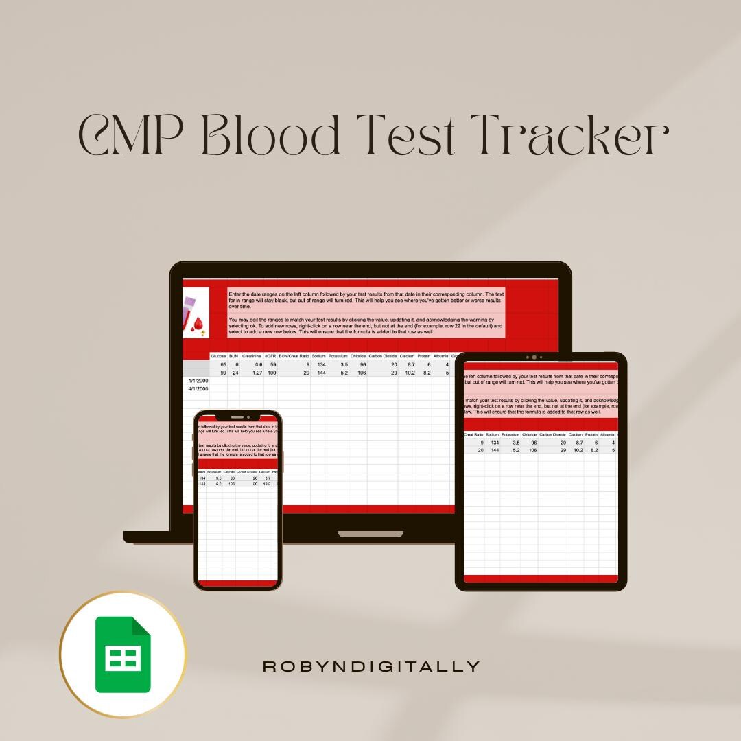CMP Blood Test Tracker Health Lab Work Results Log Google Sheets Excel ...