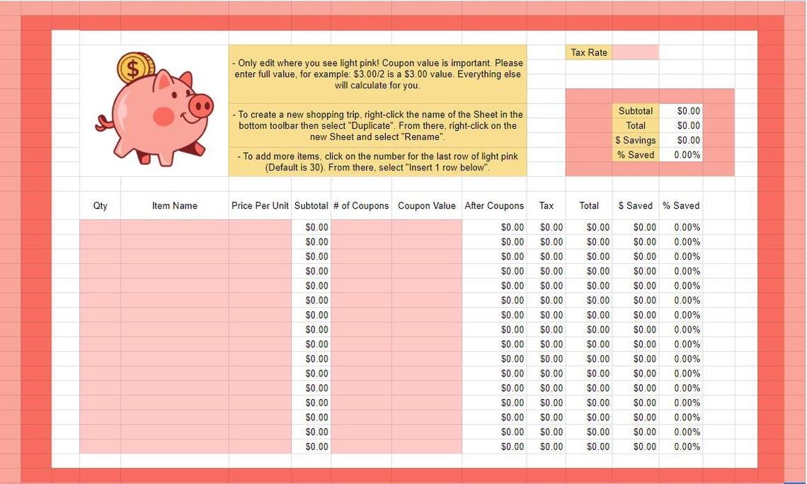 Coupon Savings Calculator Spreadsheet Google Sheets Excel Budget ...