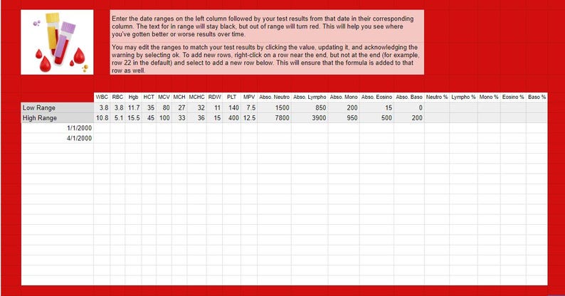 CBC Blood Test Tracker Health Lab Work Results Log Google Sheets Excel ...